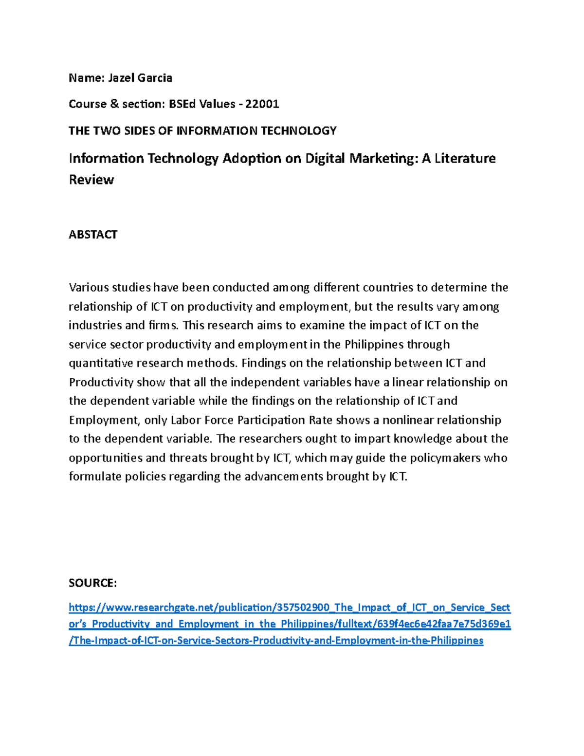 BSEd Values 22001: The Dual Impact of ICT on Society and Education ...