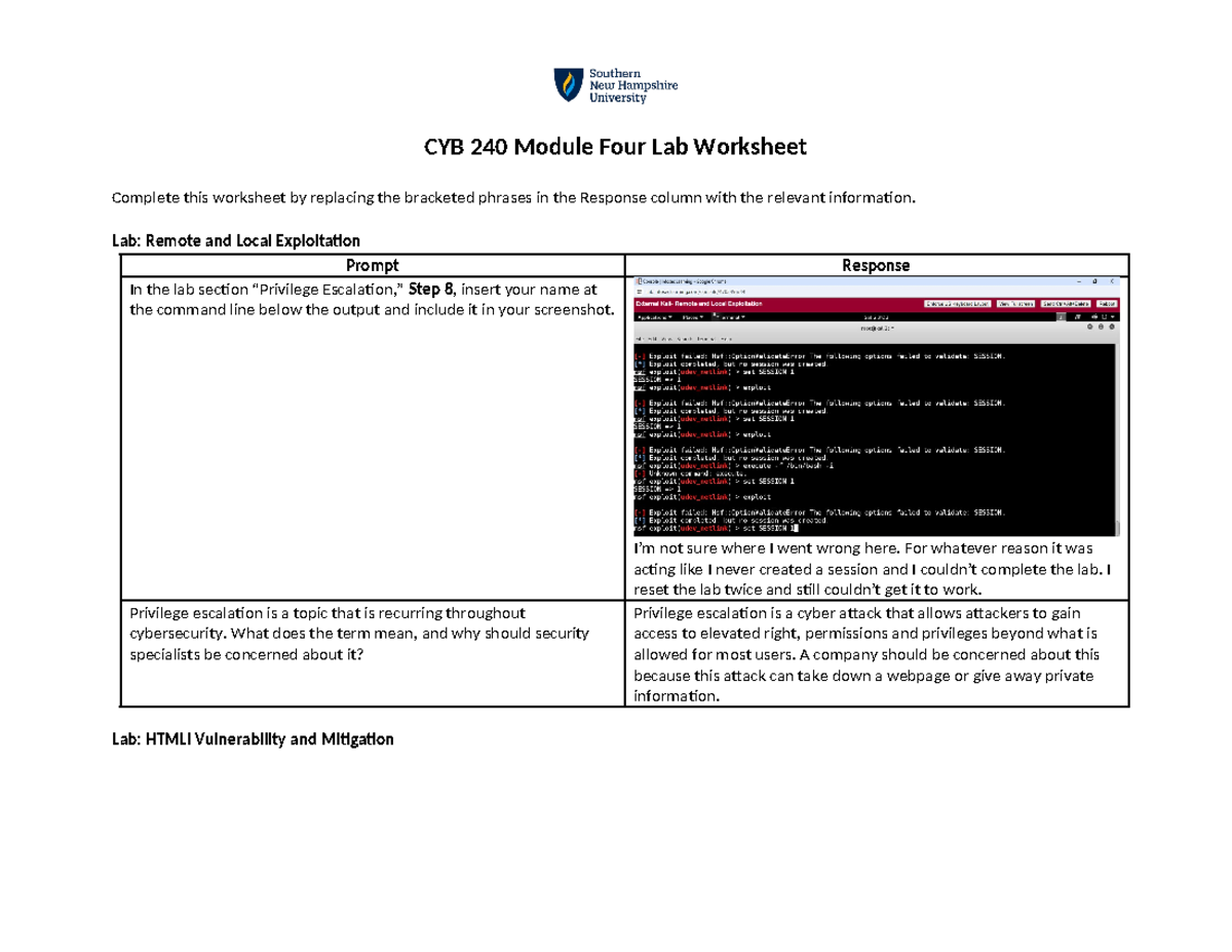 CYB 240 Module 4 Lab Worksheet: Remote & Local Exploitation Insights - Studocu