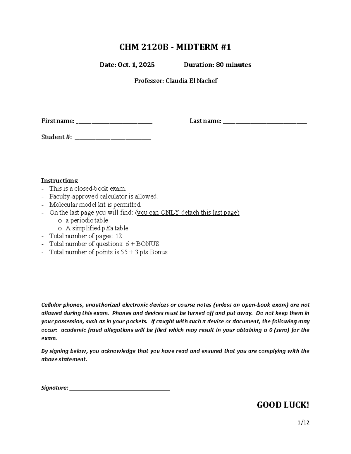 CHM 2120B Midterm Exam 1 - Fall 2025 (Updated) - Studocu