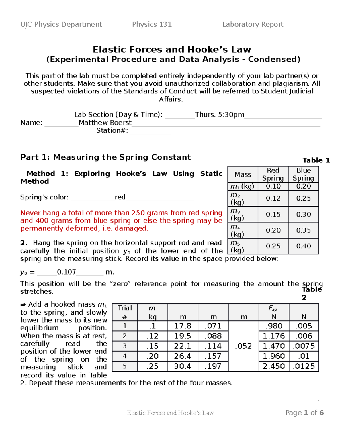 P131 Lab 3 Report: Exploring Hooke's Law and Elastic Forces - Studocu