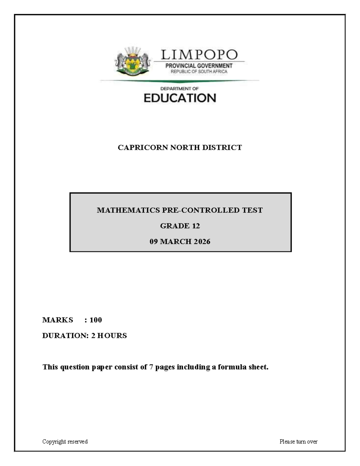 Mathematics Test 1 NSC 12 Capricorn North 2026 - Term 1 Test - Studocu