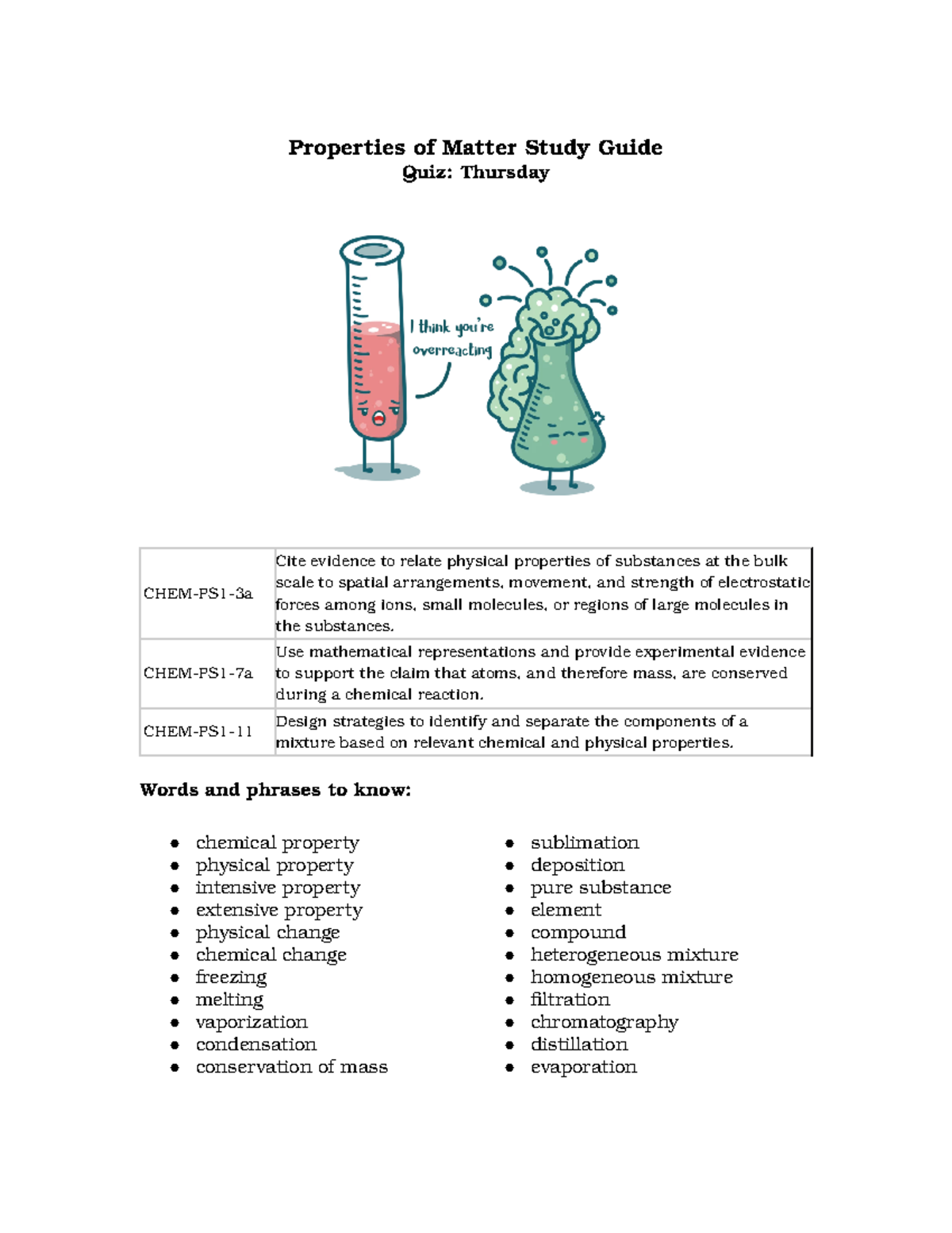 CHEM-PS1 Properties of Matter Study Guide for Upcoming Quiz - Studocu
