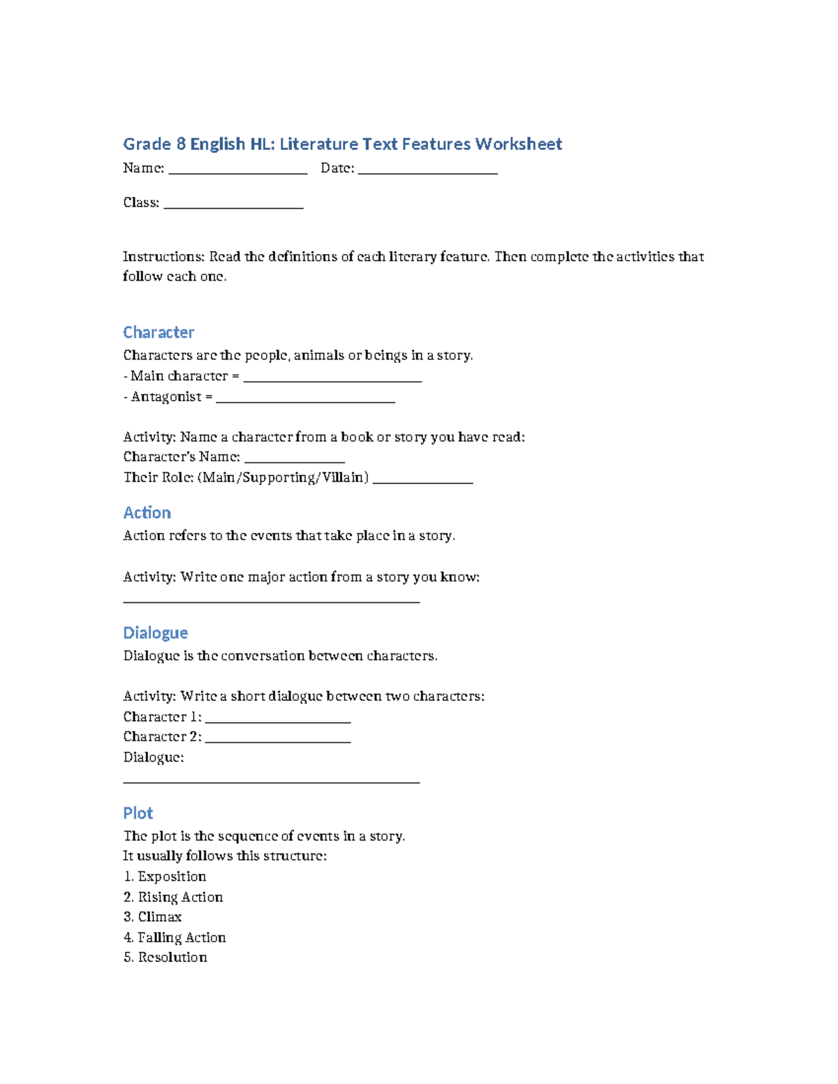 Grade 8 English HL: Literature Text Features Worksheet - Studocu