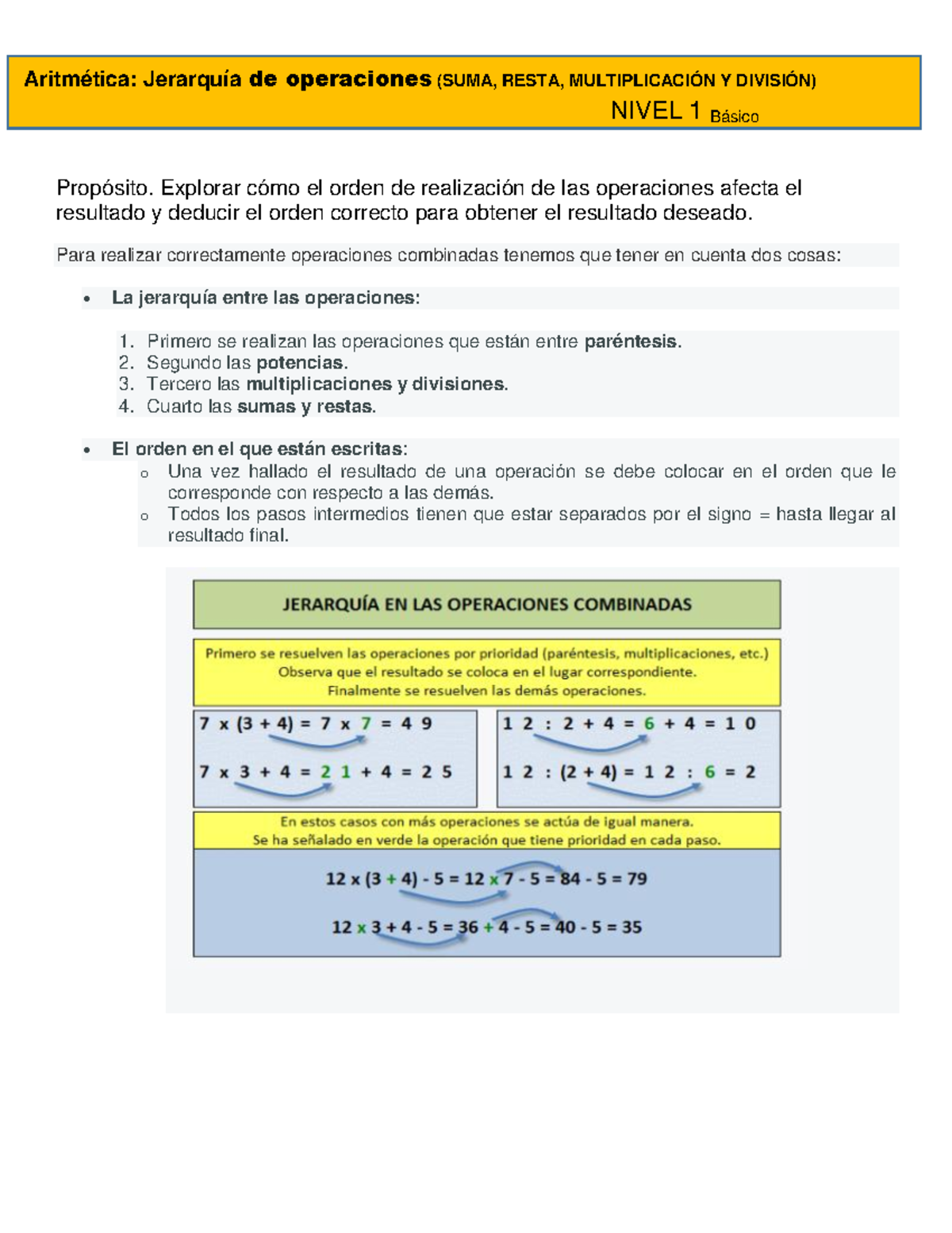 Jerarquía de Operaciones Aritméticas (SUMA, RESTA, MULTIPLICACIÓN ...