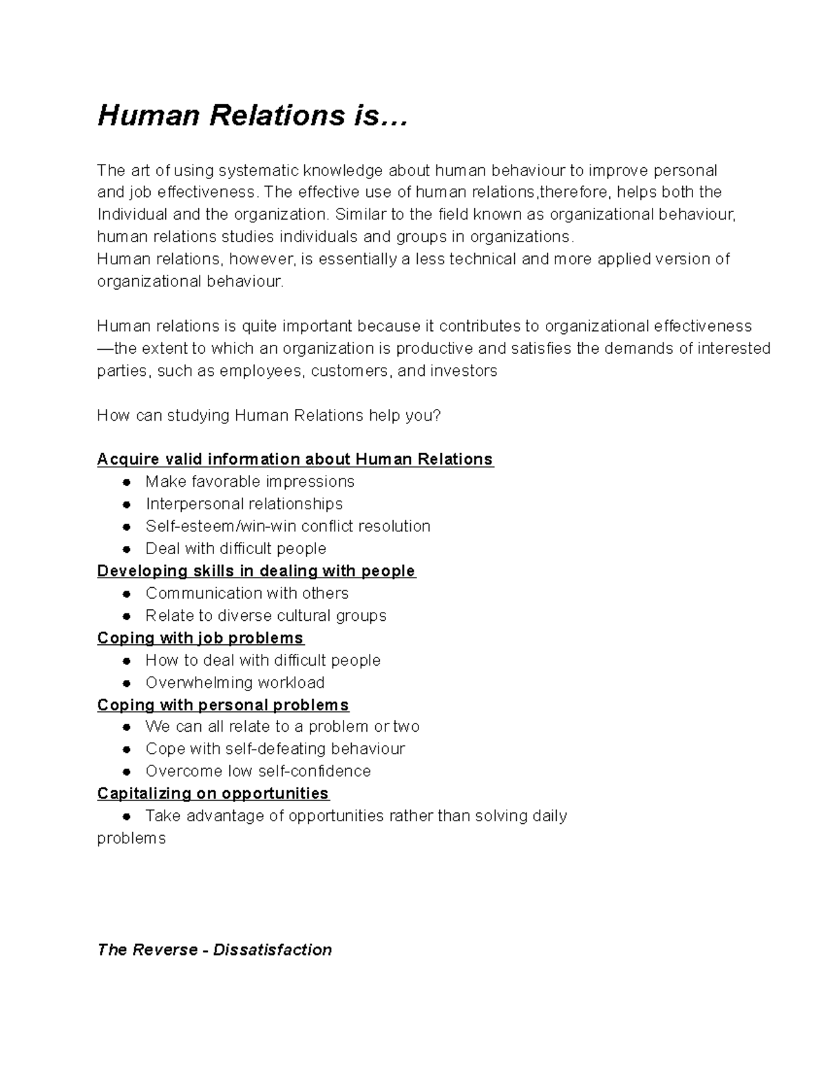 Human Relations - Week 1 Lecture Notes & Key Concepts Review - Studocu