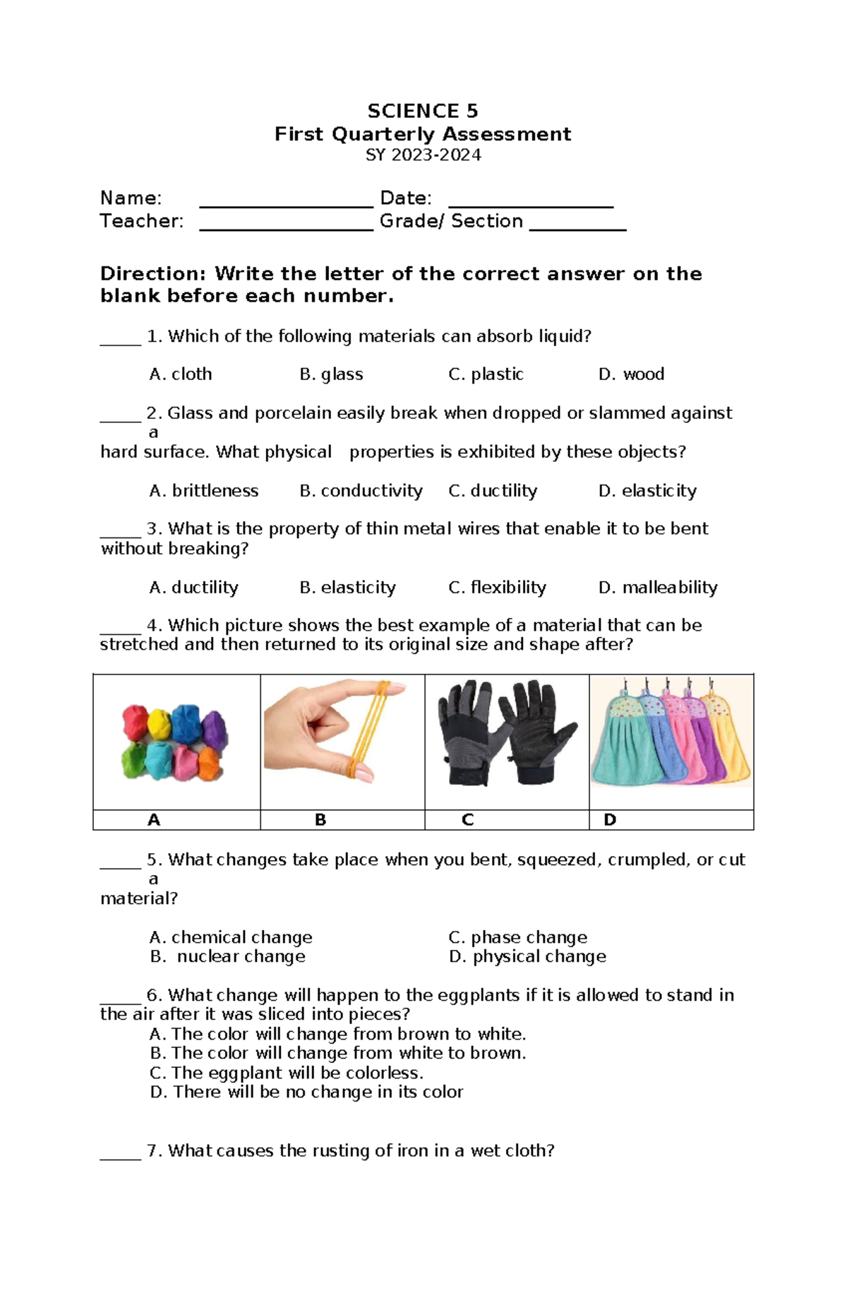 PT Science 5 Q1 - First Quarterly Assessment Practice Test - Studocu
