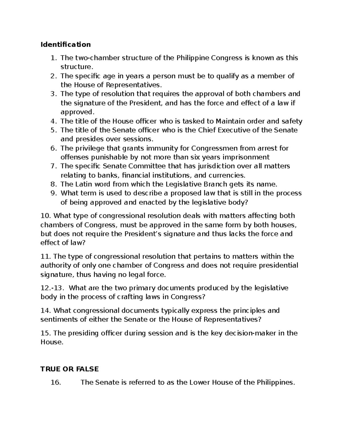 Philippine Politics Assessment: Congress Structure & Resolutions Guide ...