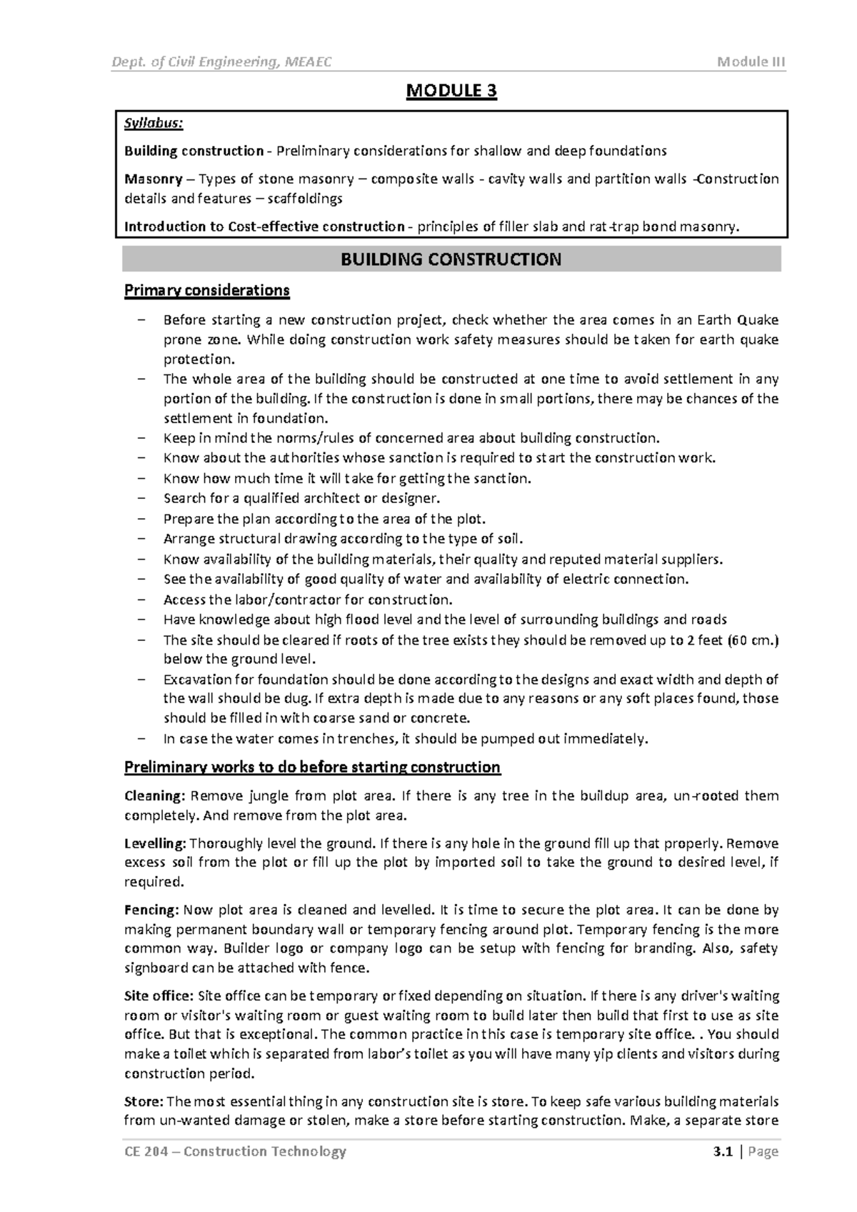 Construction technology - Dept. of Civil Engineering, MEAEC Module III ...
