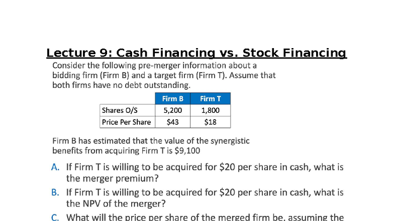 Final ACT349 Lecture 9: Cash vs. Stock Financing Analysis - Studocu