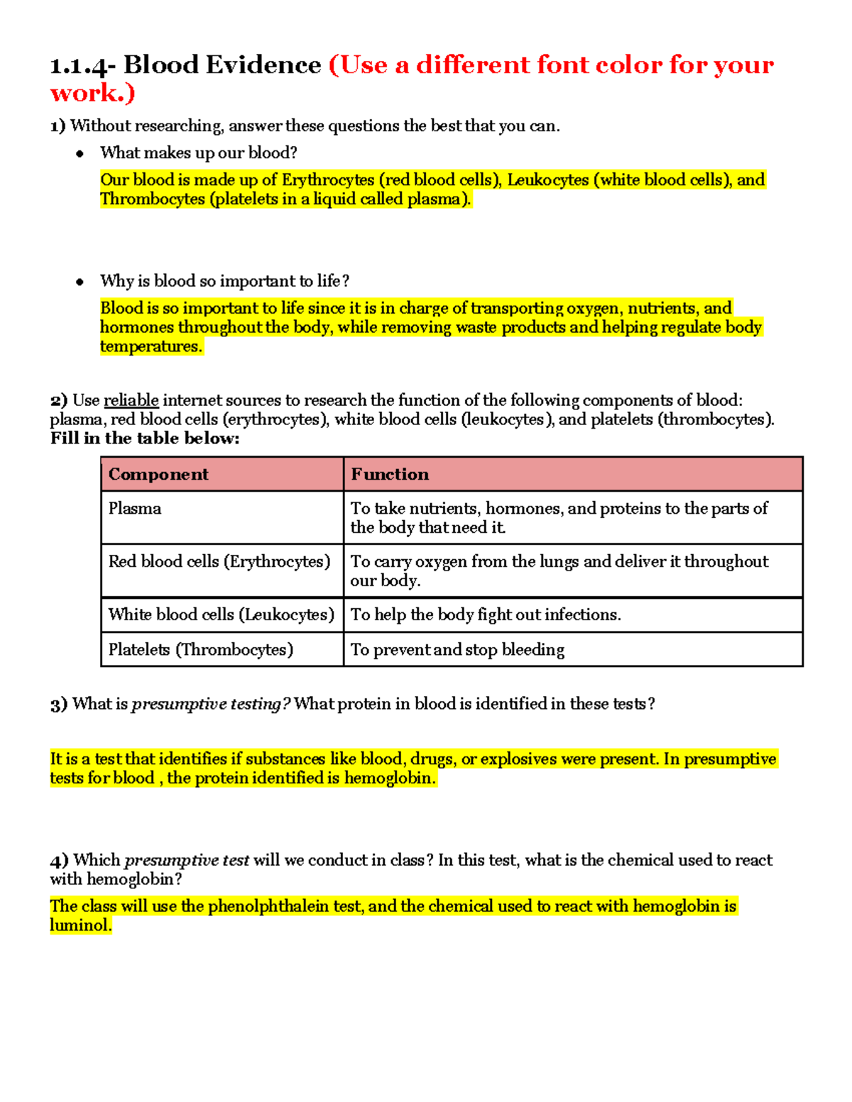 Forensic Blood Evidence Analysis: Presumptive Testing in Class - Studocu