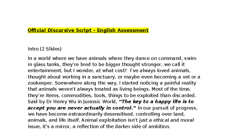 English Assessment: Discursive Script on Animal Exploitation (2 Slides ...