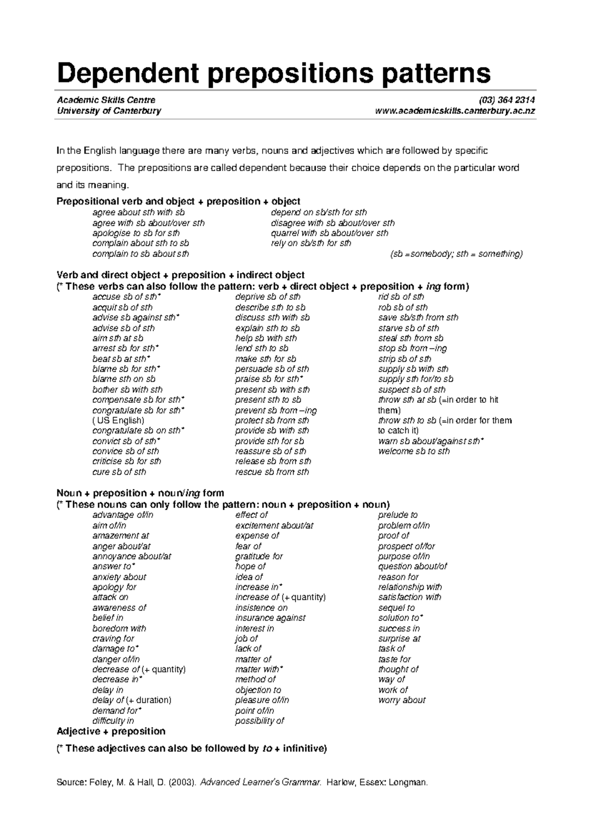 Dependent Preposition Patterns - Academic Skills Centre (03) - Studocu