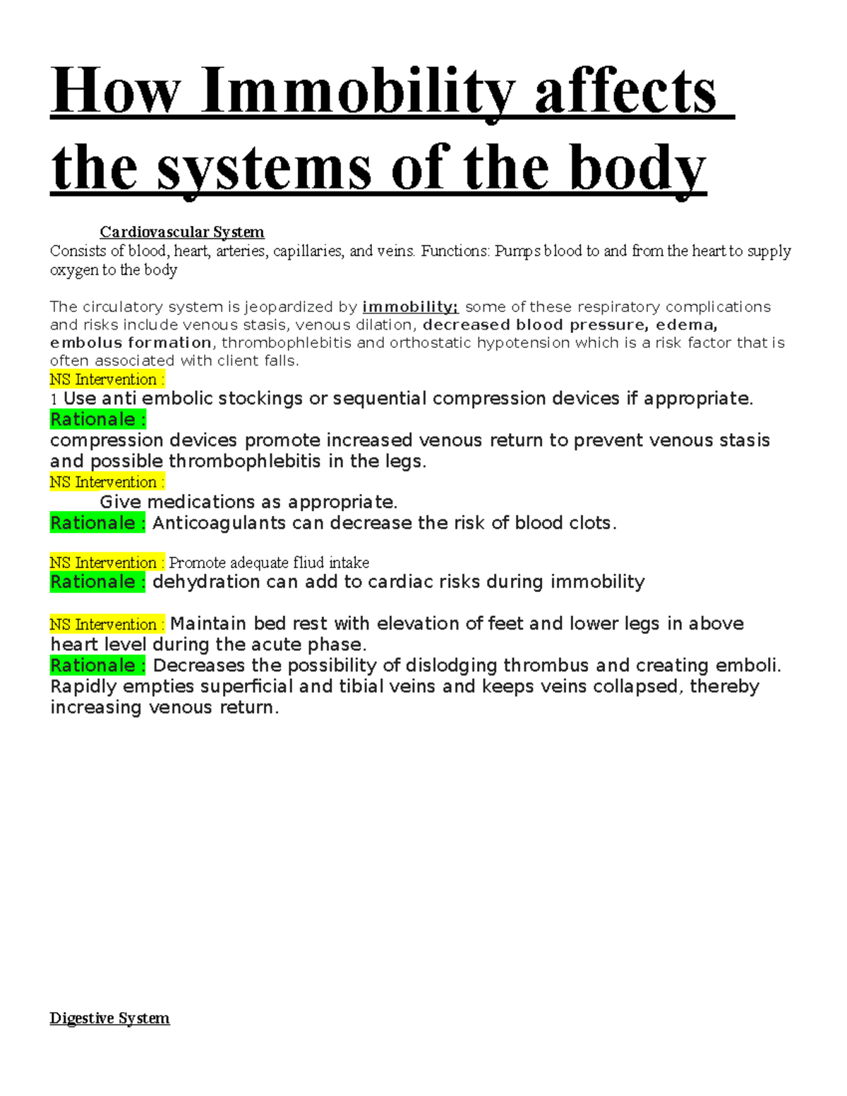 Immobility Effects on Body Systems: Nursing Interventions & Insights ...
