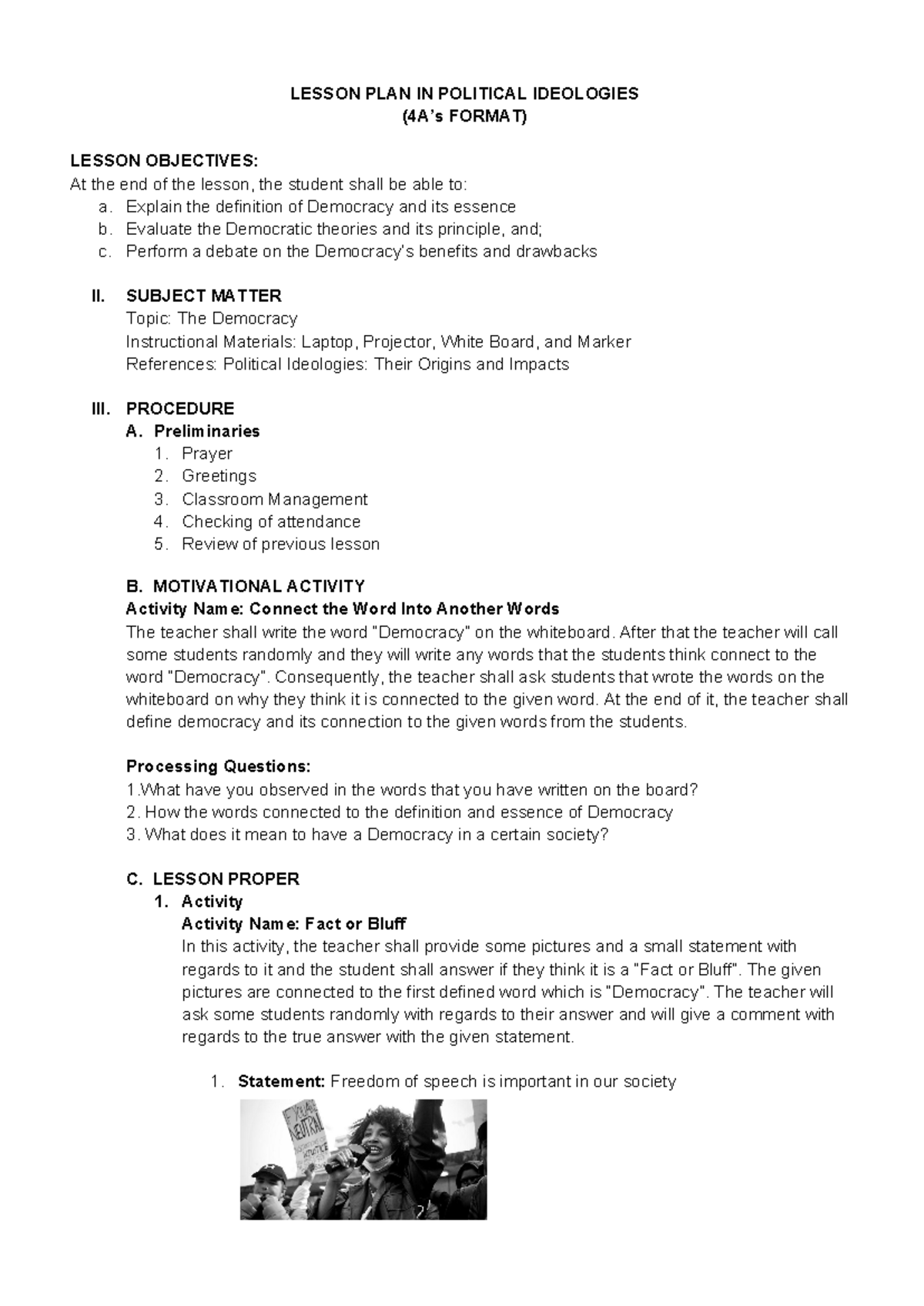 Lesson Plan: Exploring Democracy - 4A's Format - Studocu