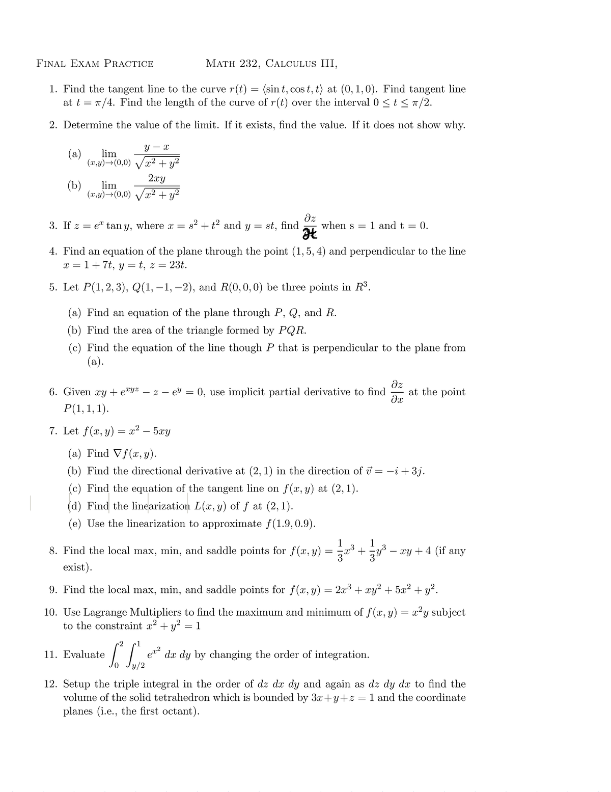 Final Exam Practice Solutions for Math 232: Calculus 1 - Studocu
