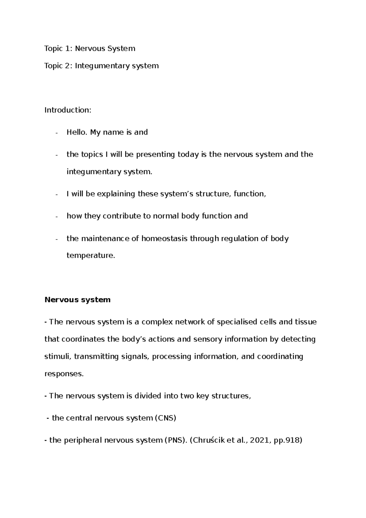 BIOL121: Nervous & Integumentary Systems Overview Draft - Studocu