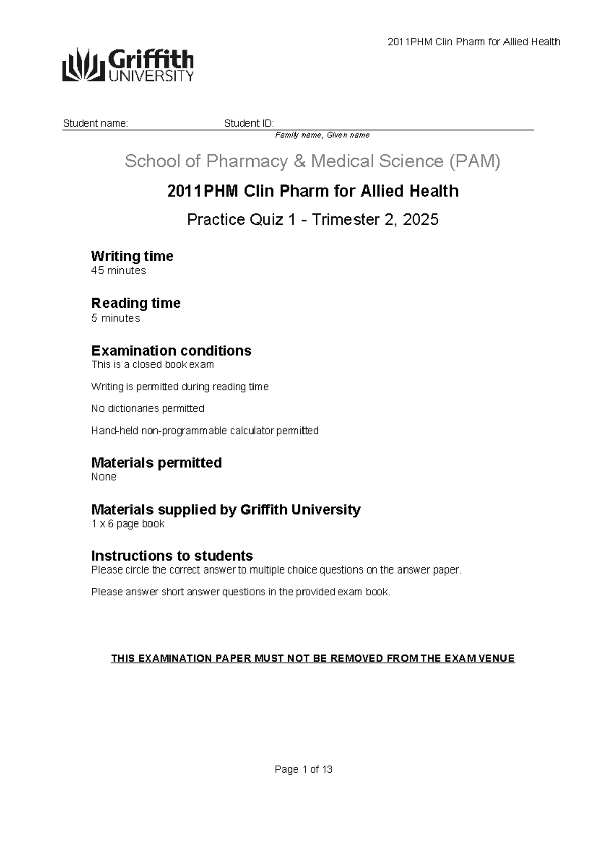 2011PHM Clin Pharm for Allied Health Quiz 1 Practice with Answers - Studocu