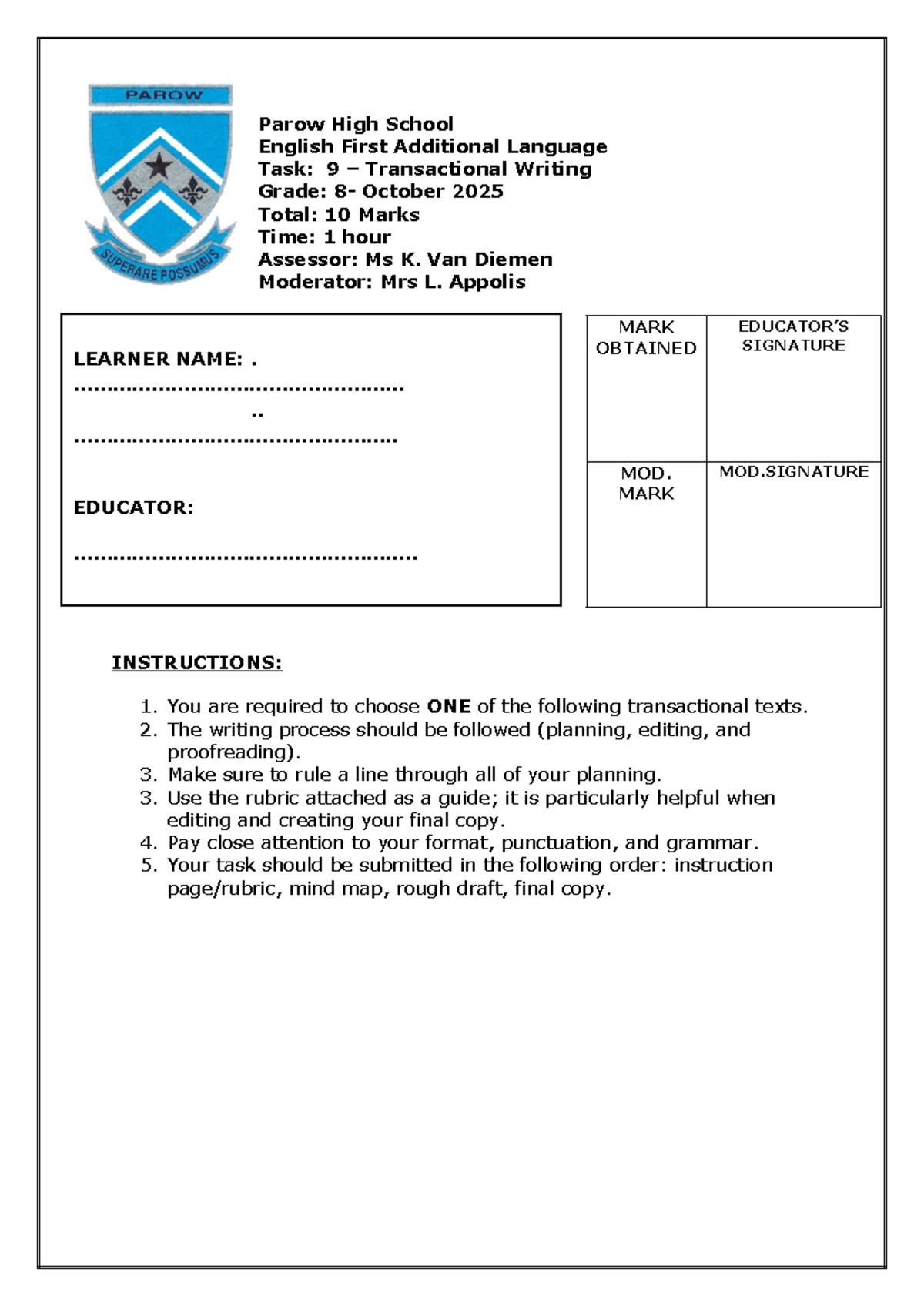 Grade 8 ENG FAL Task 9: Transactional Writing Guidelines - Studocu