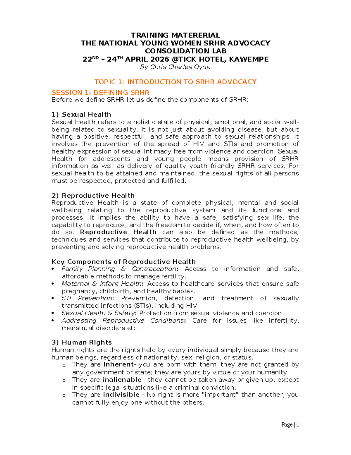 SRHR Training Handout: National Young Women Advocacy Lab (April 2026 ...