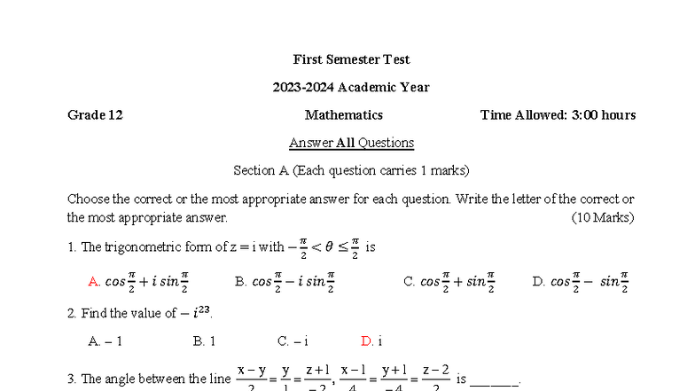 Mathematics Grade 12 First Semester Test - Academic Year 2023 - Studocu