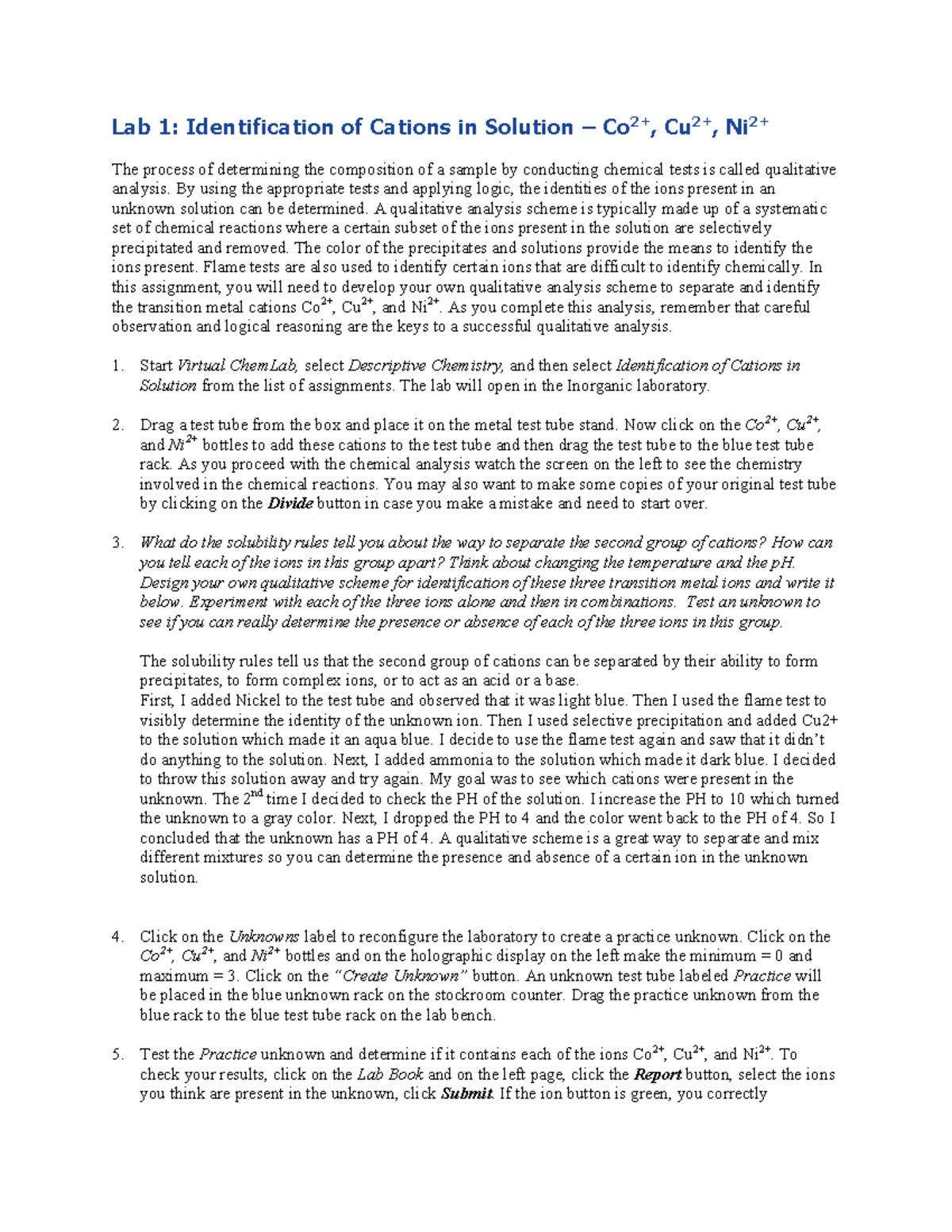 Lab 1: Cation Identification in Solution - General Chemistry (1st Sem ...