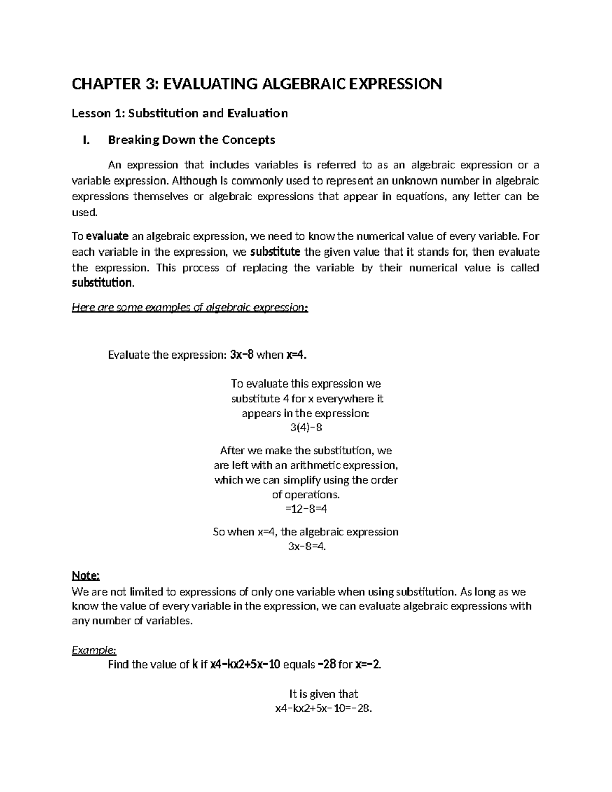 CHAPTER 3: EVALUATING ALGEBRAIC EXPRESSIONS - Substitution & Types ...