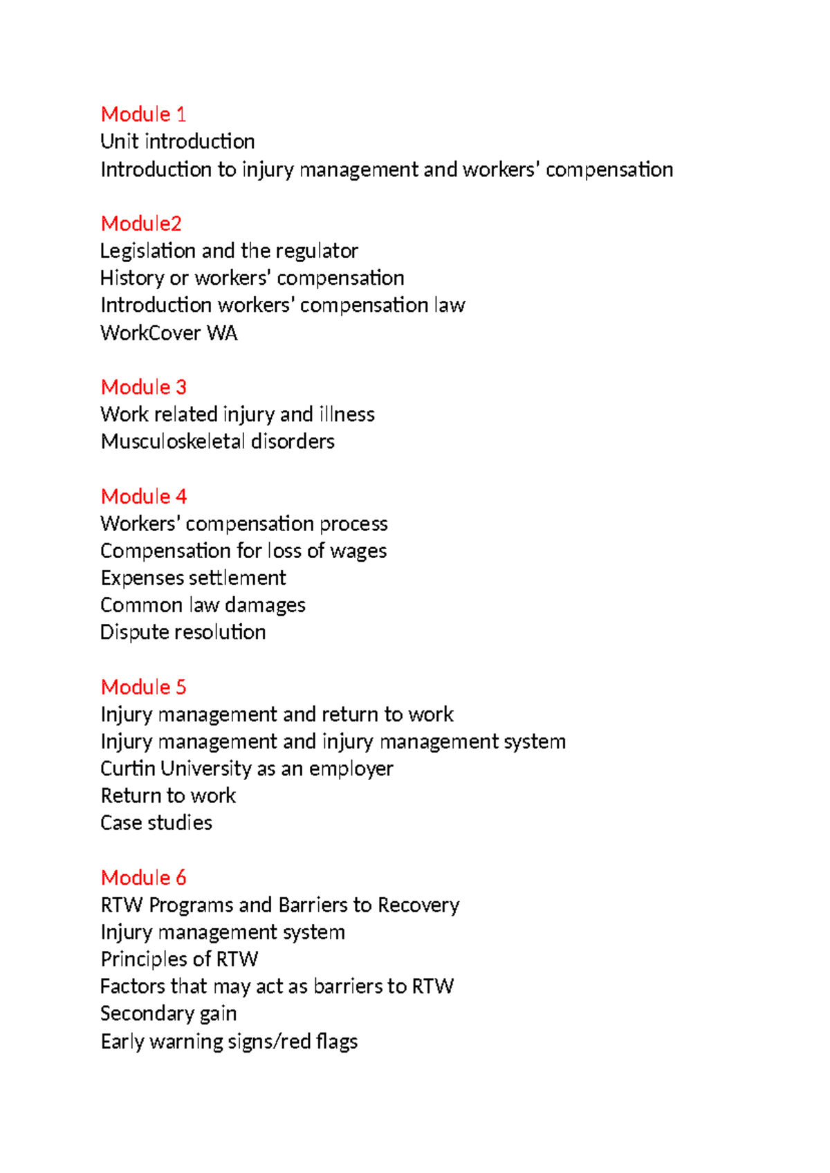 Module 1 - Introduction to Injury Management & Compensation - Studocu