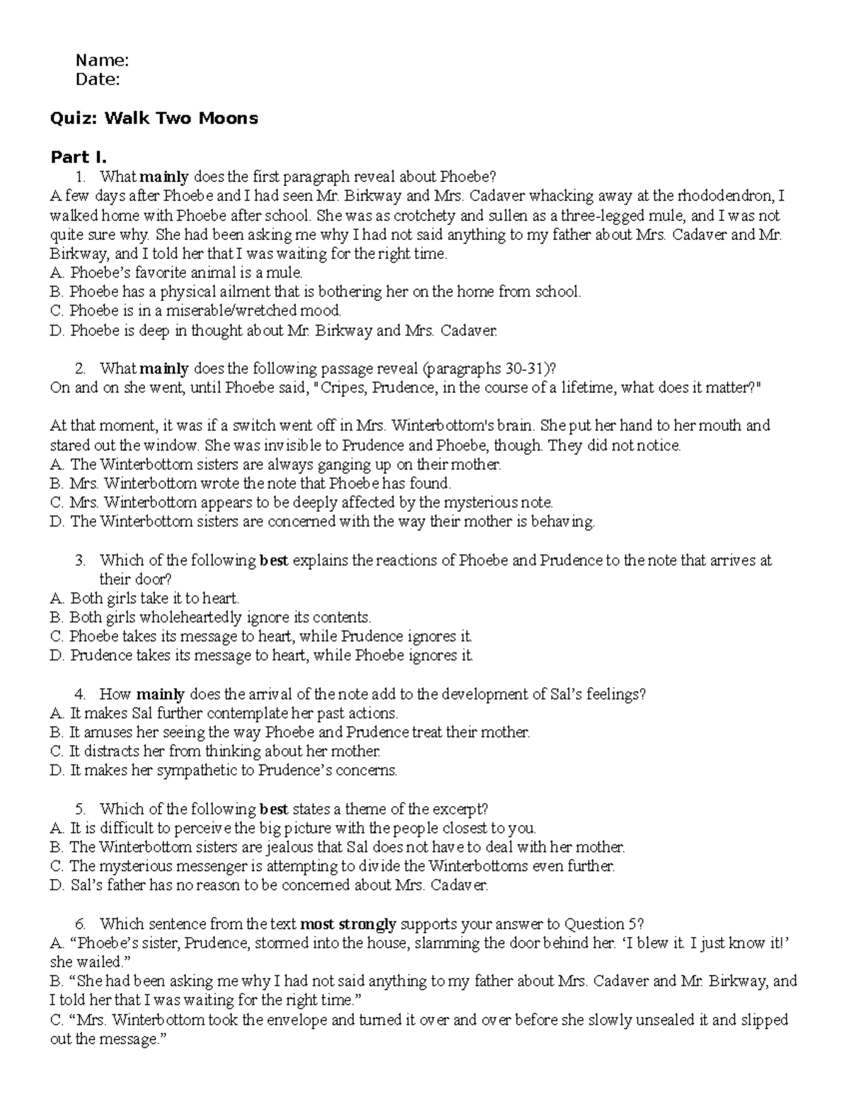 Walk Two Moons (Course Code: Quiz) - Practice Questions Part I - Studocu