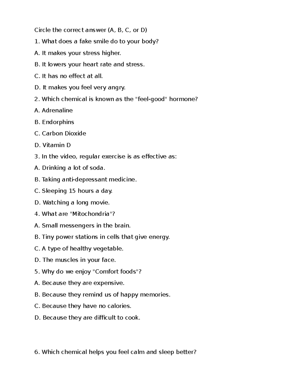 Happiness Quiz: Circle the Correct Answer (A, B, C, or D) - Studocu