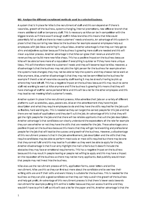 Unit 8- Coursework 1 - P1: Explain how a large business recruits and selects giving reasons for ...