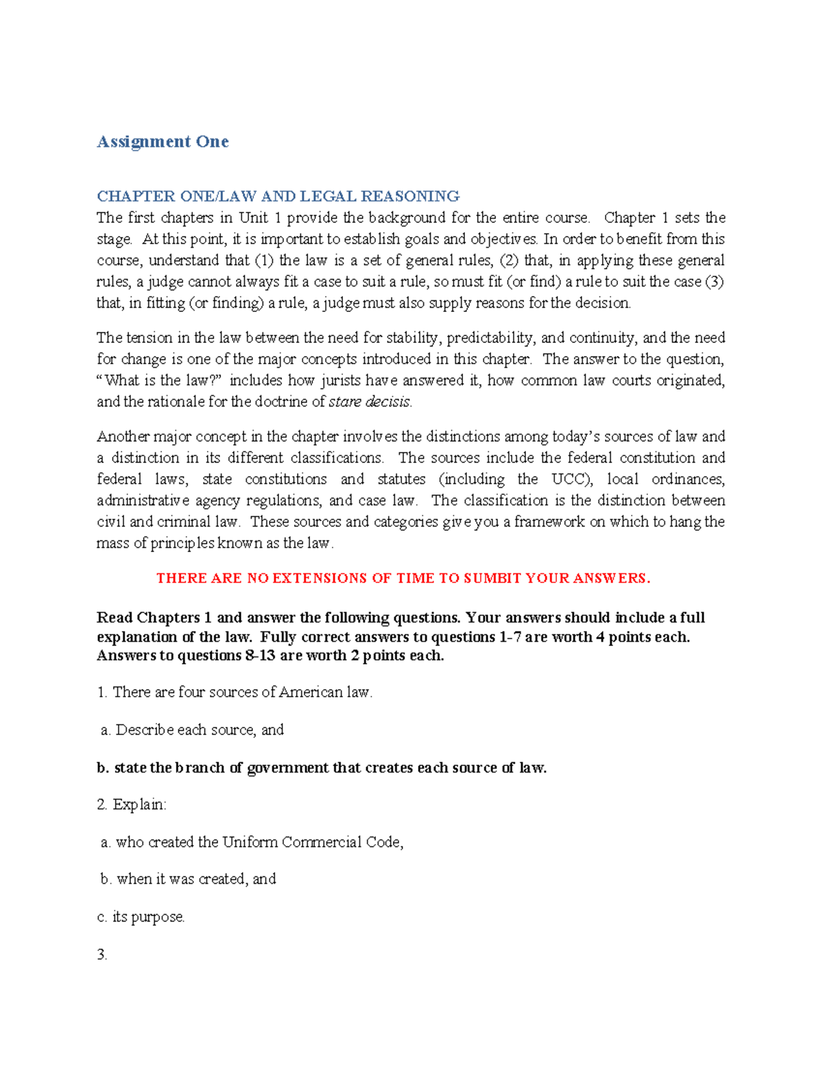 Business Law I Assignment 1: Chapter 1 Law & Legal Reasoning Overview ...