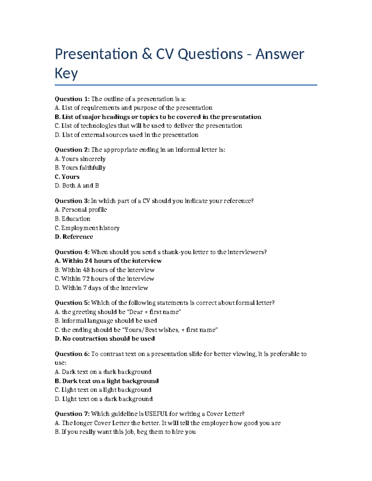 Presentation CV Questions Answer Key - Studocu
