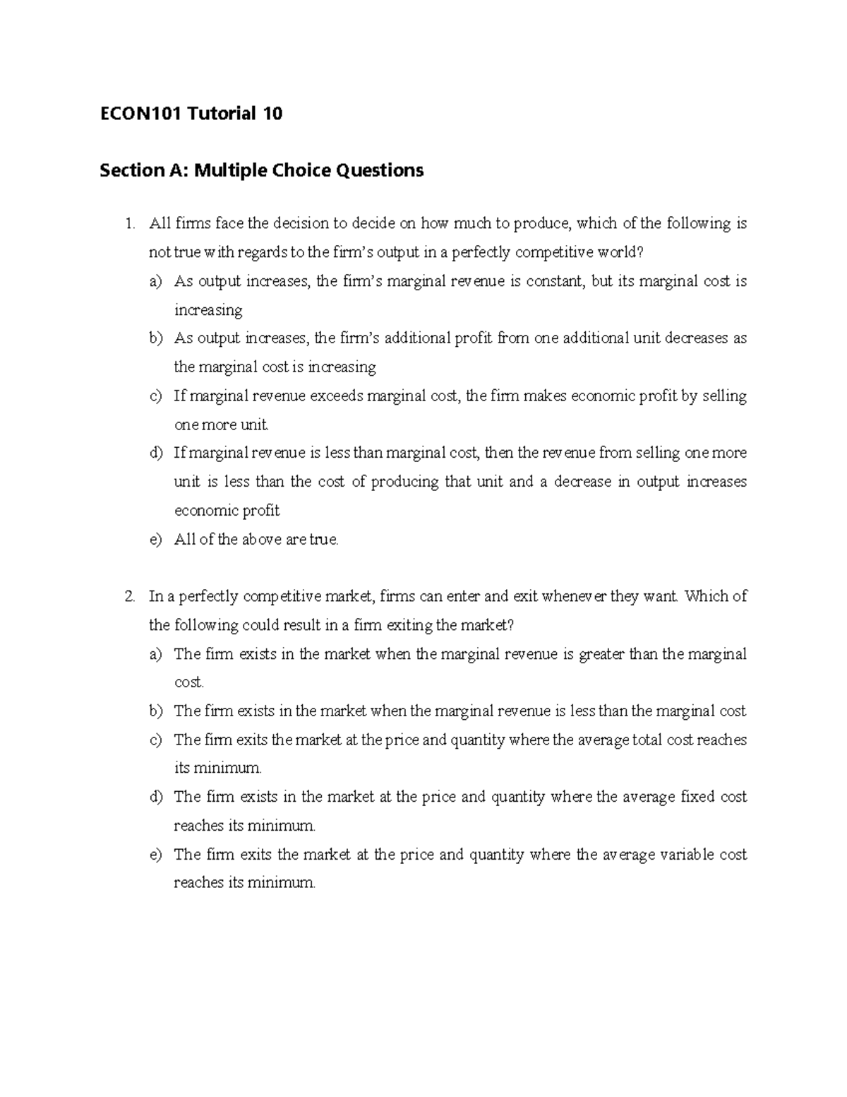 ECON101 Tutorial 10: MCQs & Short Questions on Market Structures - Studocu