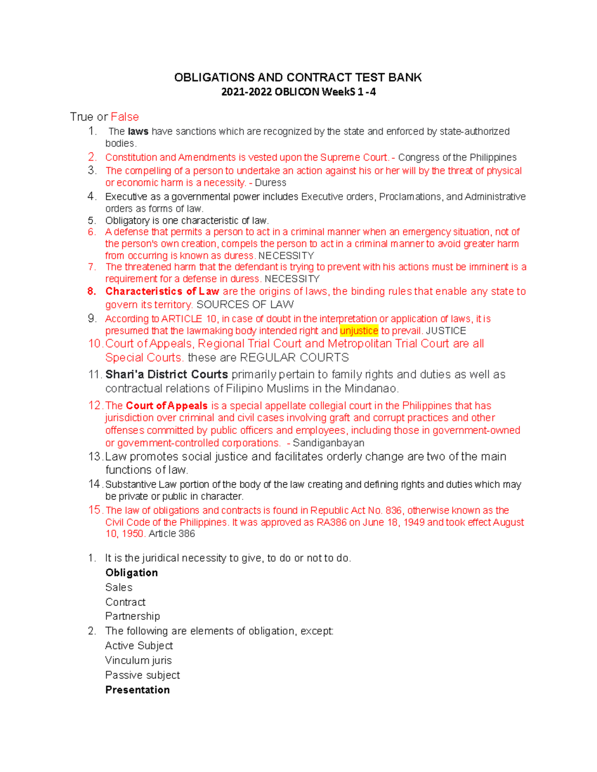 OBLICON 2021-2022 Obligations & Contracts Test Bank Notes - Studocu