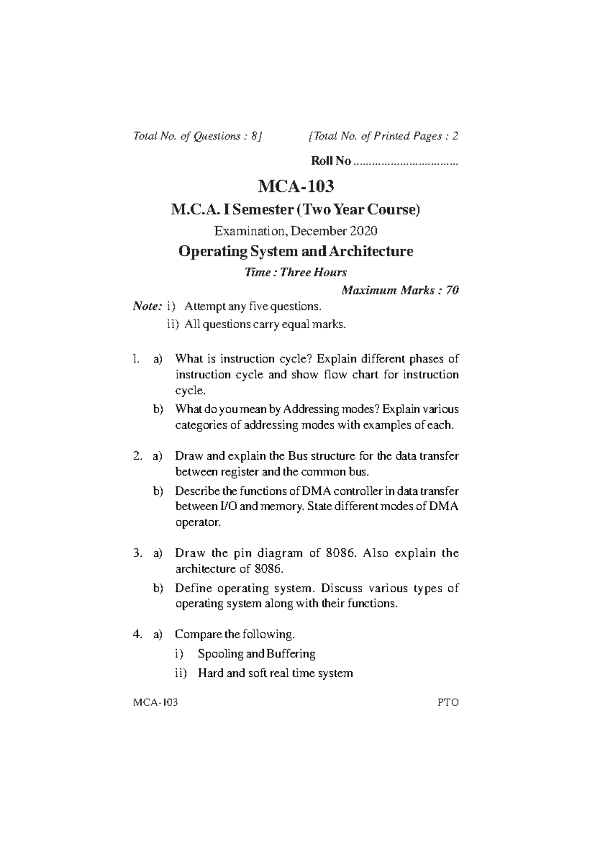 Mca 103 operating system and architecture dec 2020 - [1] MCA-103 PTO ...