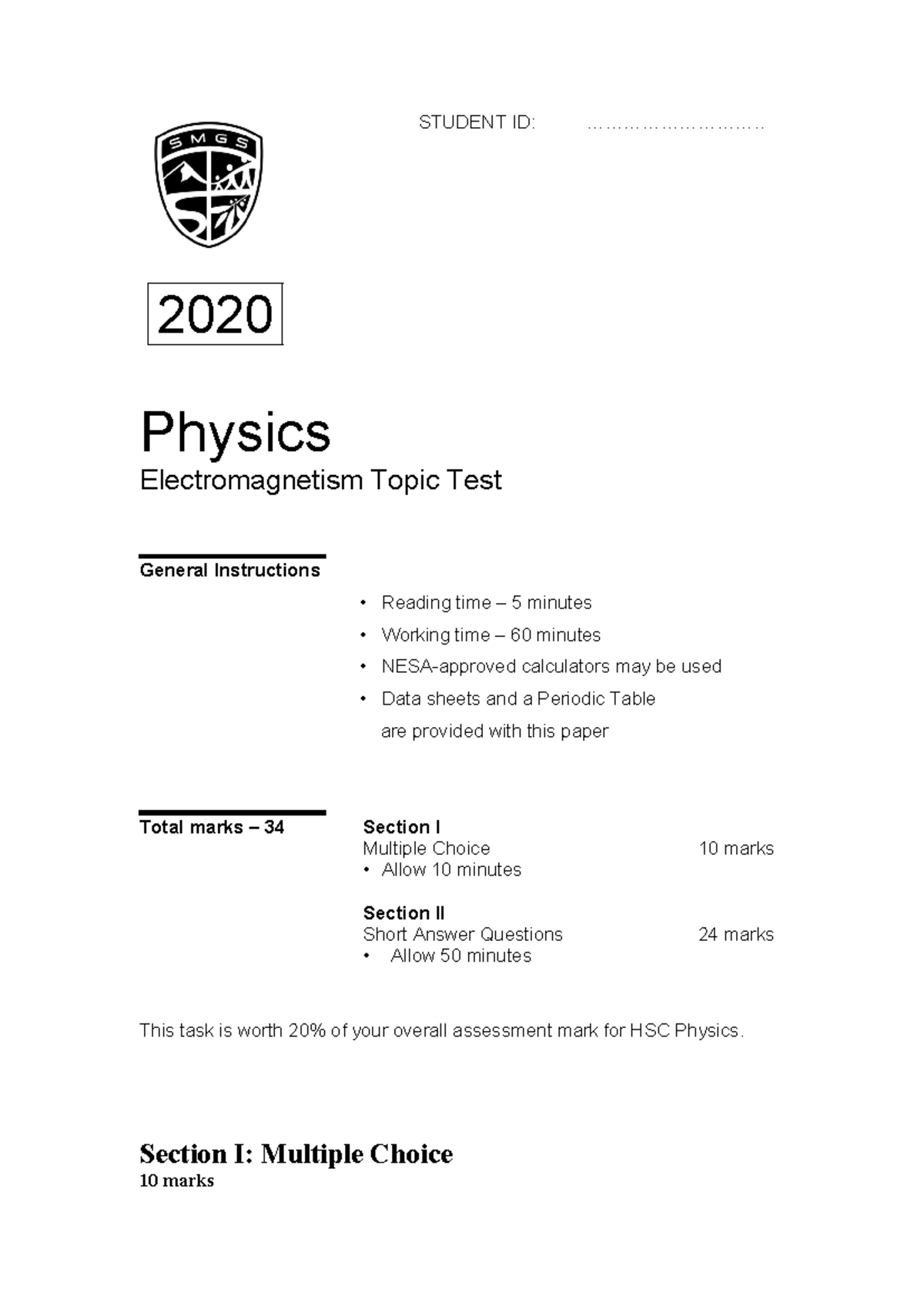 2020 HSC Physics Electromagnetism Topic Test Questions & Answers - Studocu