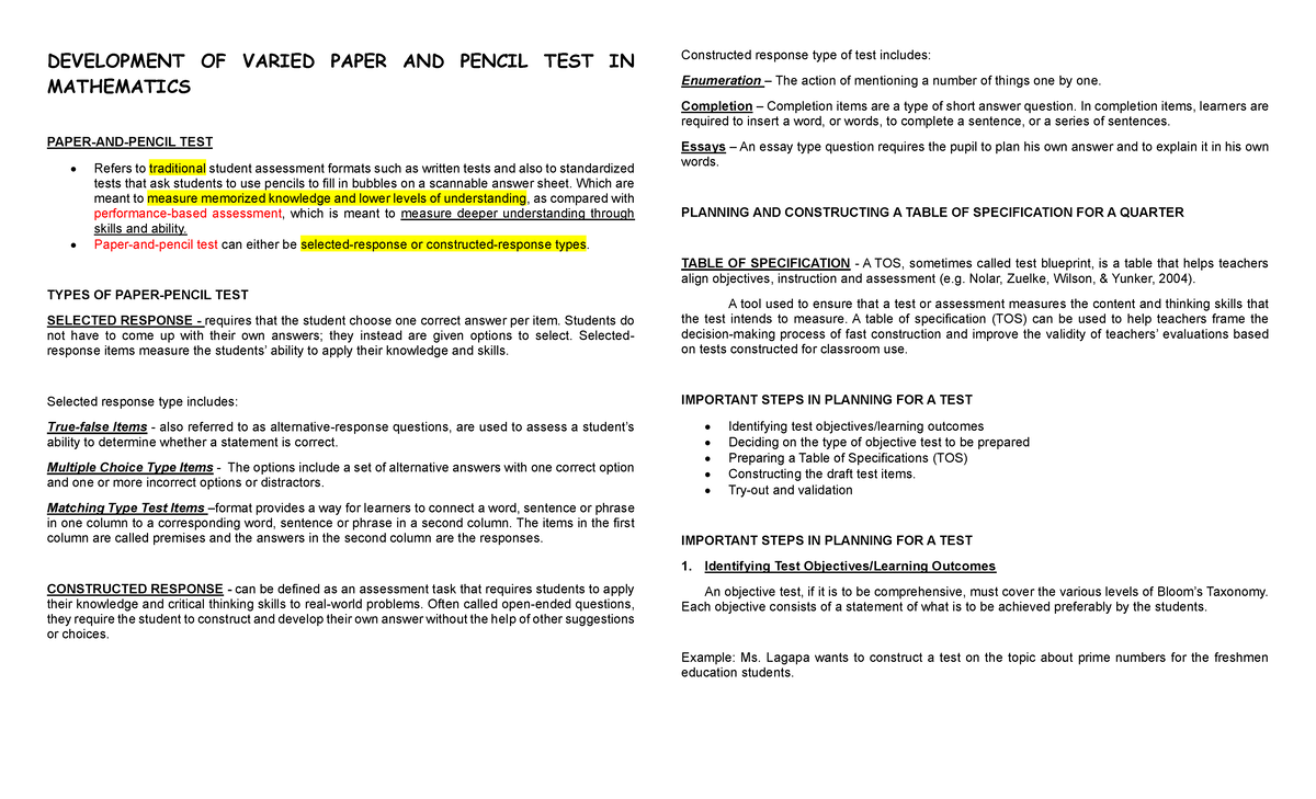 NOTES IN SOSYODAD: DEVELOPMENT OF PAPER-PENCIL TESTS IN MATH - Studocu