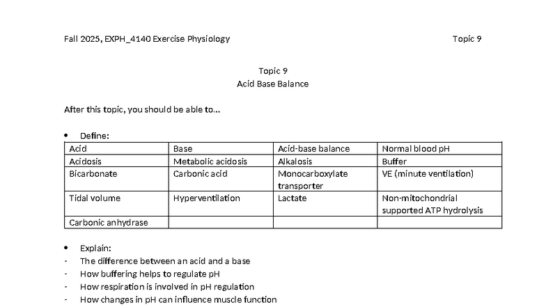 Topic 9) Study Guide - Fall 2025, EXPH_4140 Exercise Physiology Topic 9 ...