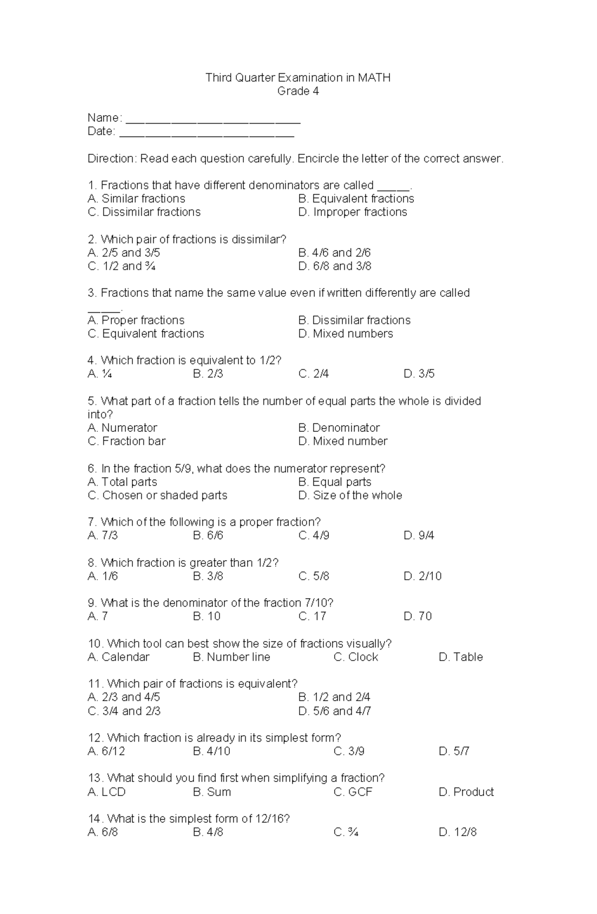 MATH 4 - 3RD Quarter Exam: Fractions for Grade 4 - Studocu