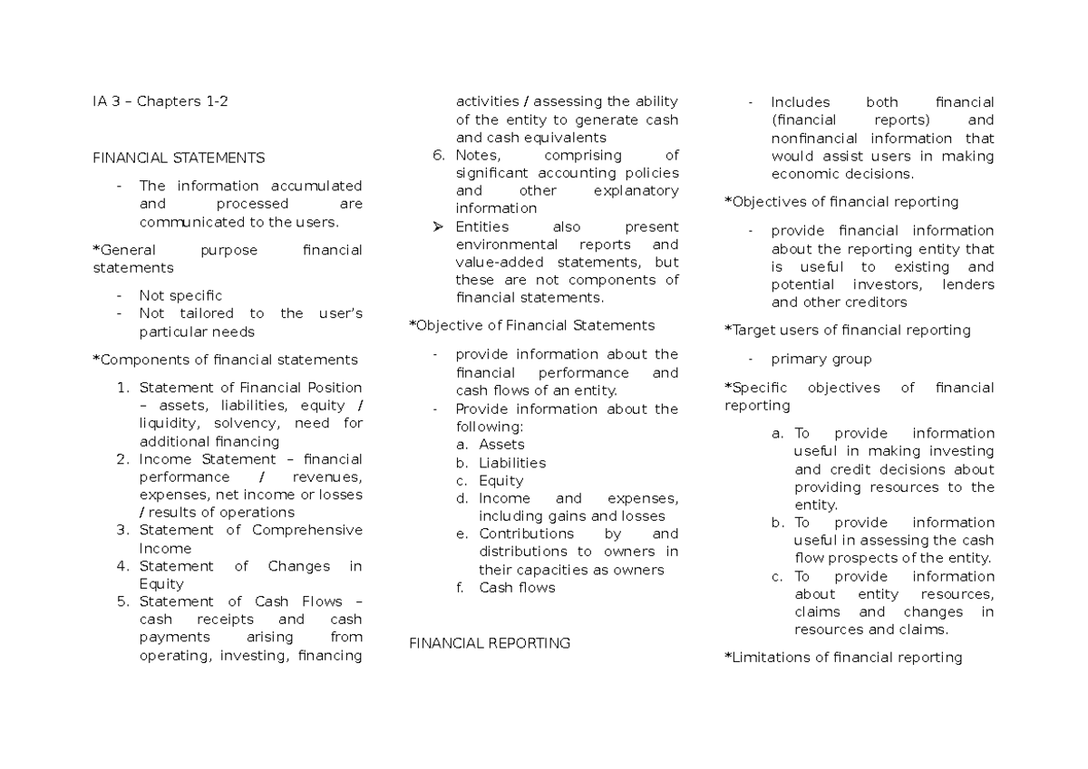 IA 3 - Financial Statements Overview: Chapters 1-3 Reviewer - Studocu