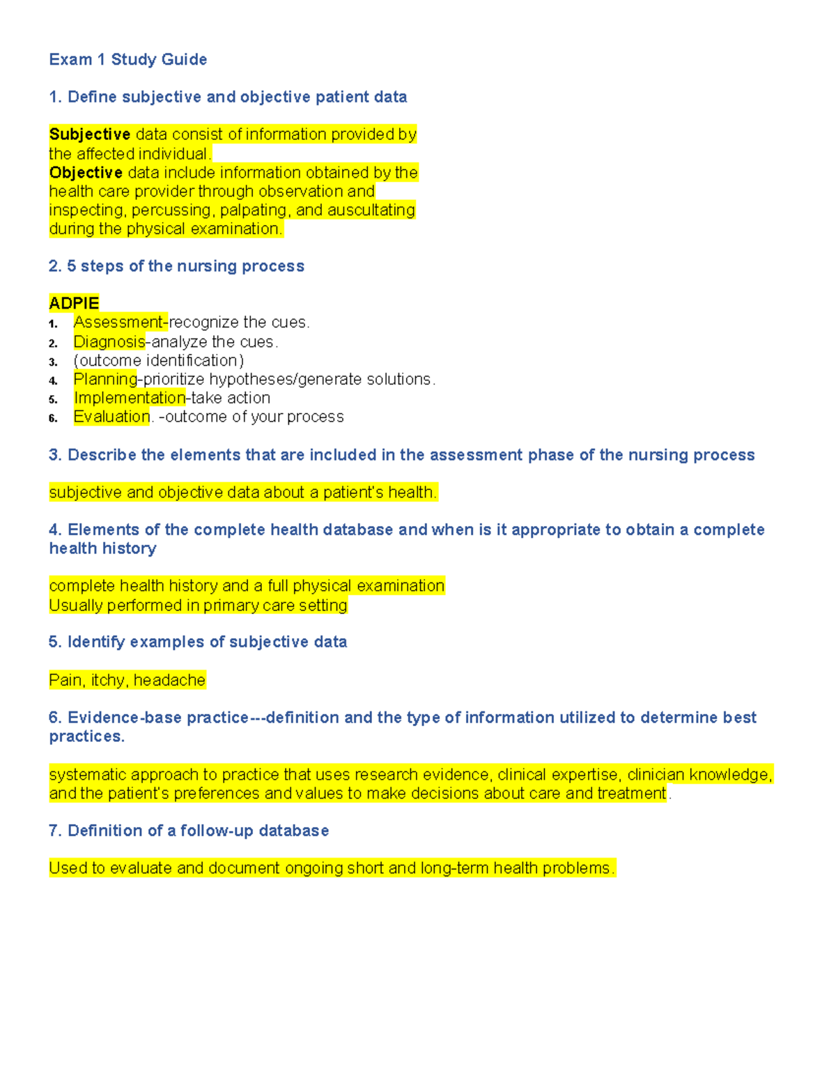 Nursing Assessment Study Guide for Exam 1 (NRS 101) - Exam 1 Study ...