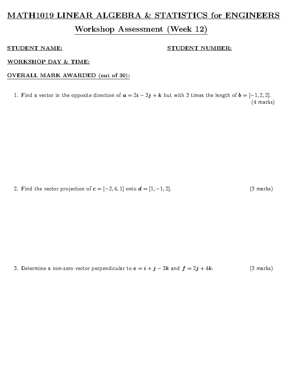 MATH1019 Linear Algebra Sample Quiz for Engineers - Studocu
