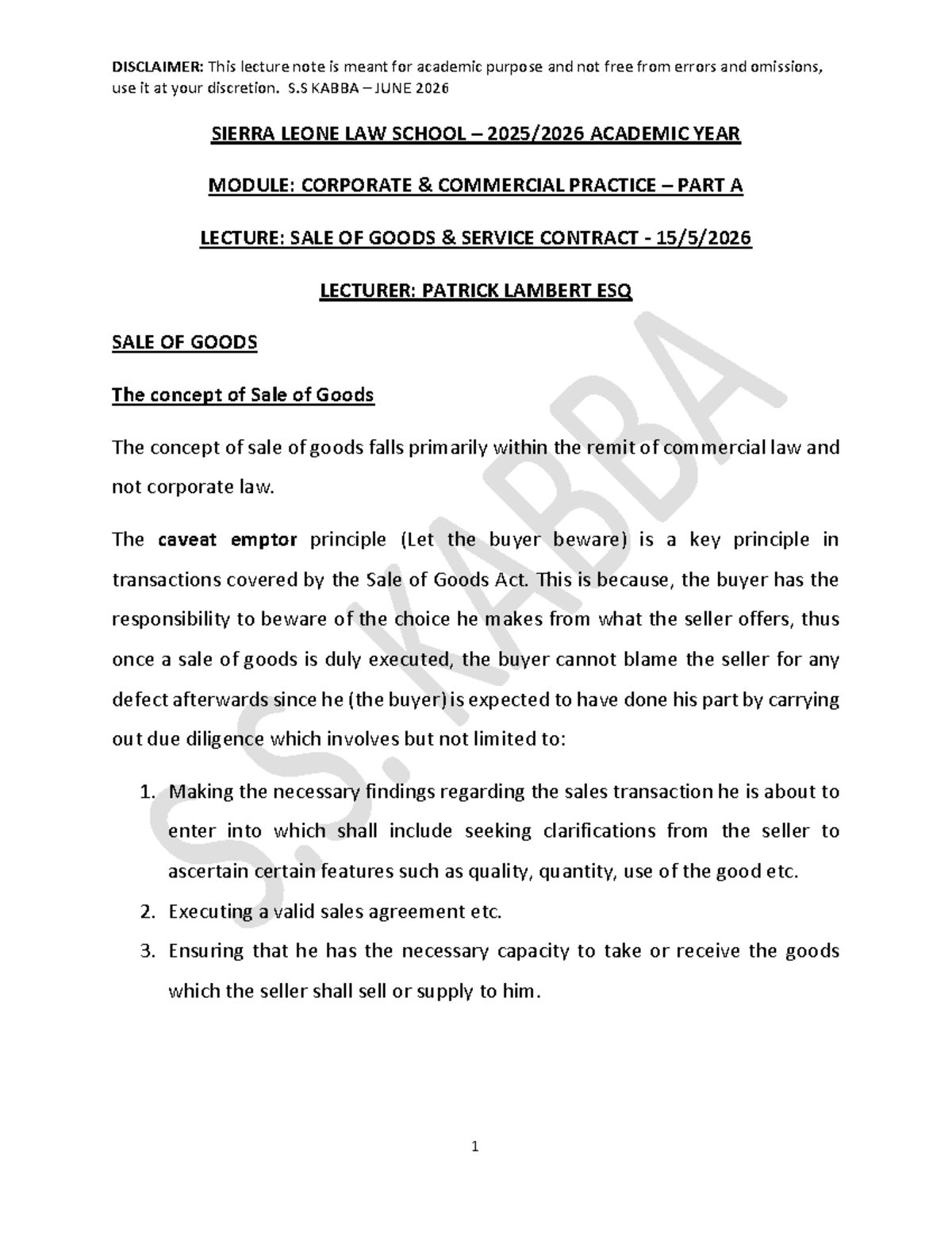 Corporate Law Part B: Sale of Goods Lecture Notes (2026) - Studocu