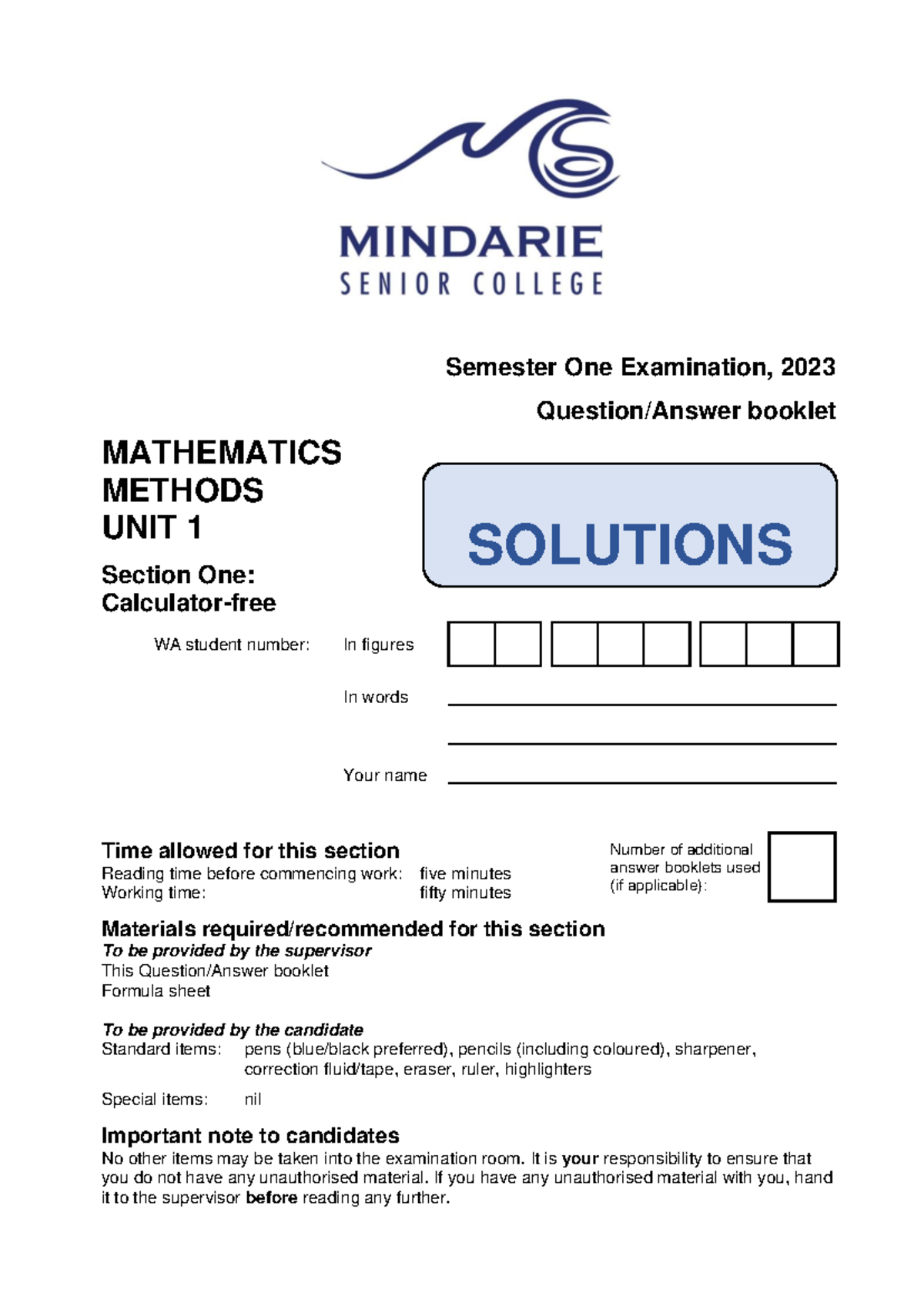 MATHEMATICS METHODS UNIT 1 SEMESTER ONE EXAM SOLUTIONS 2023 - Studocu
