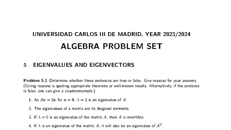 Algebra Problem Set 5: Eigenvalues & Eigenvectors Analysis - Studocu