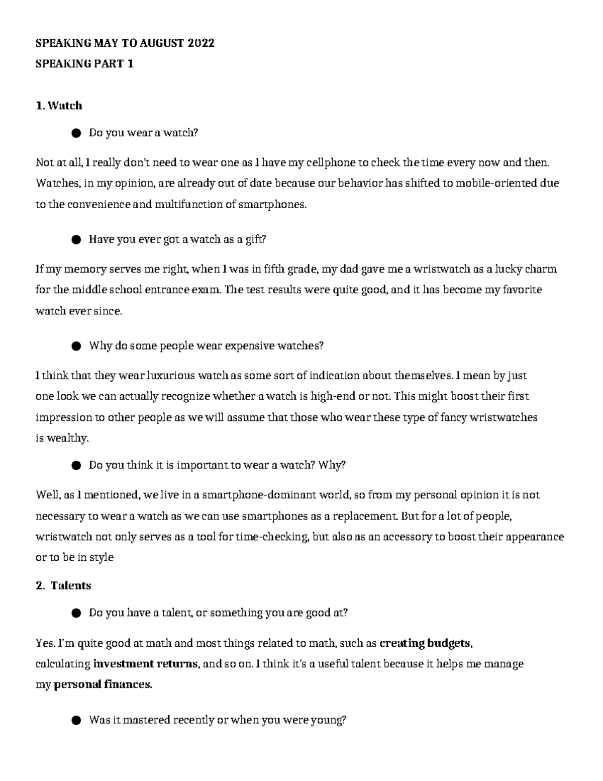 SPEAKING TOPIC SAMPLE ANSWERS (MAY - AUGUST 2022) - Studocu