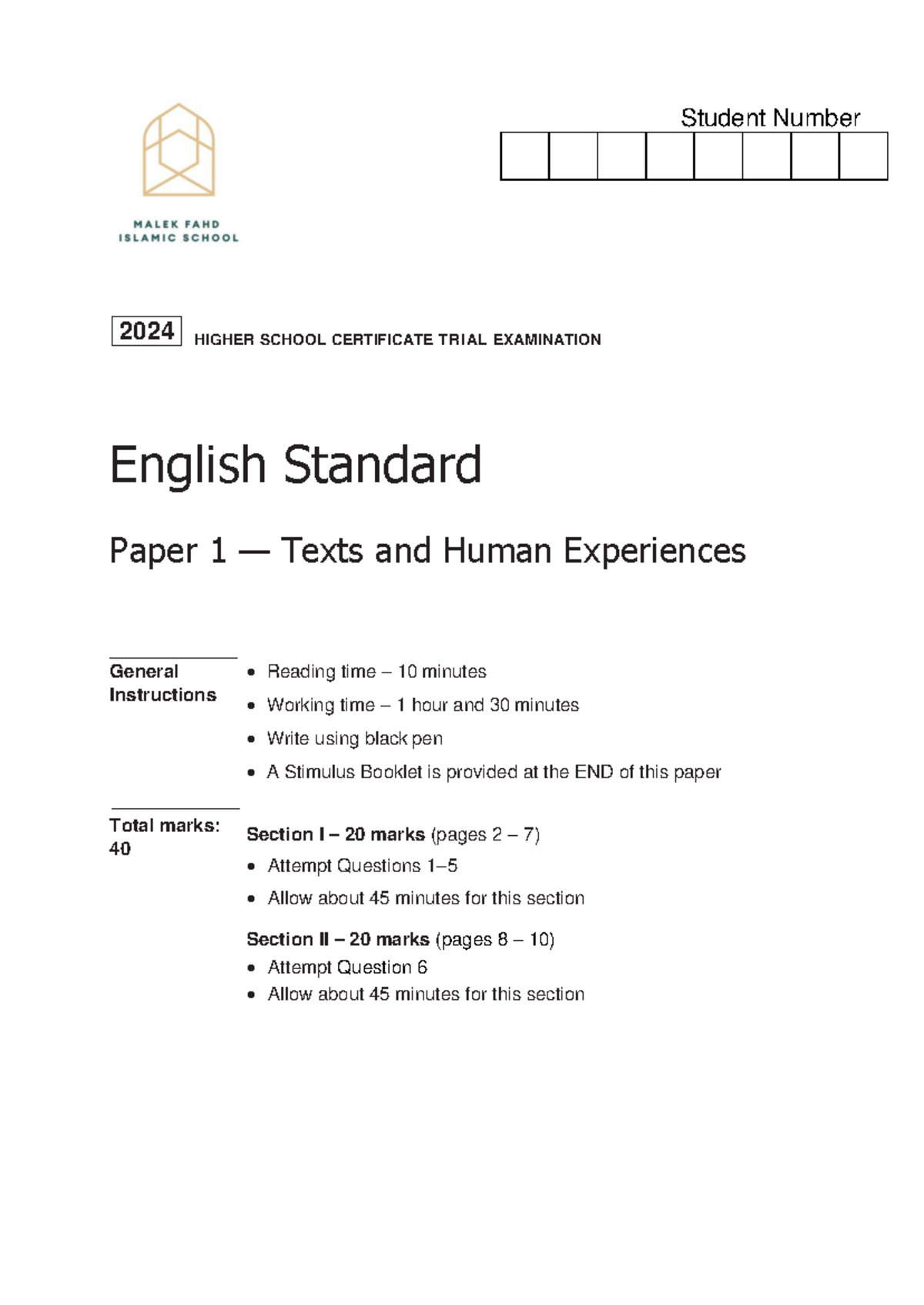 2024 HSC Trial Exam: English Standard Paper 1 - Texts & Human ...