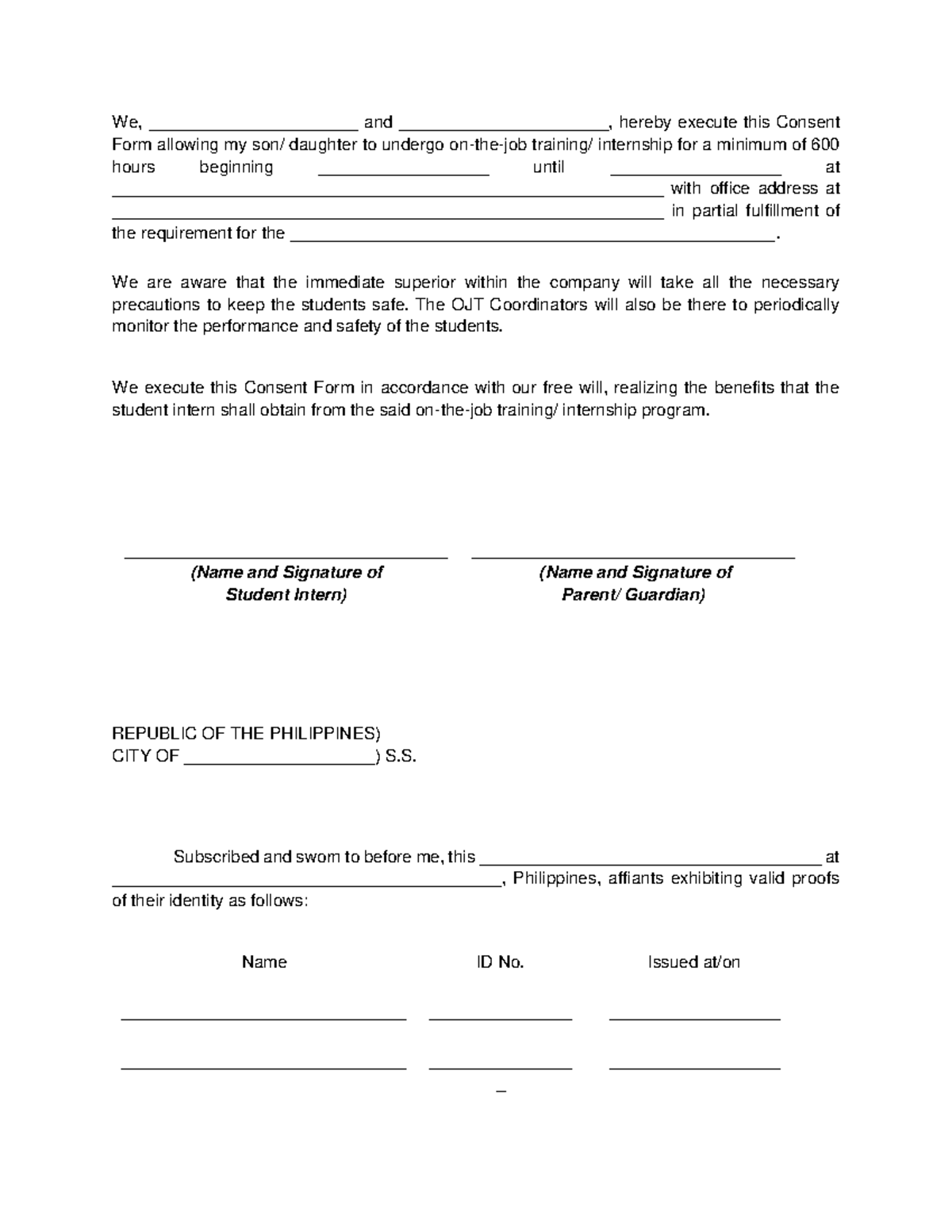 OJT REQS (1): Consent Form and Waiver Undertaking for Internship - Studocu