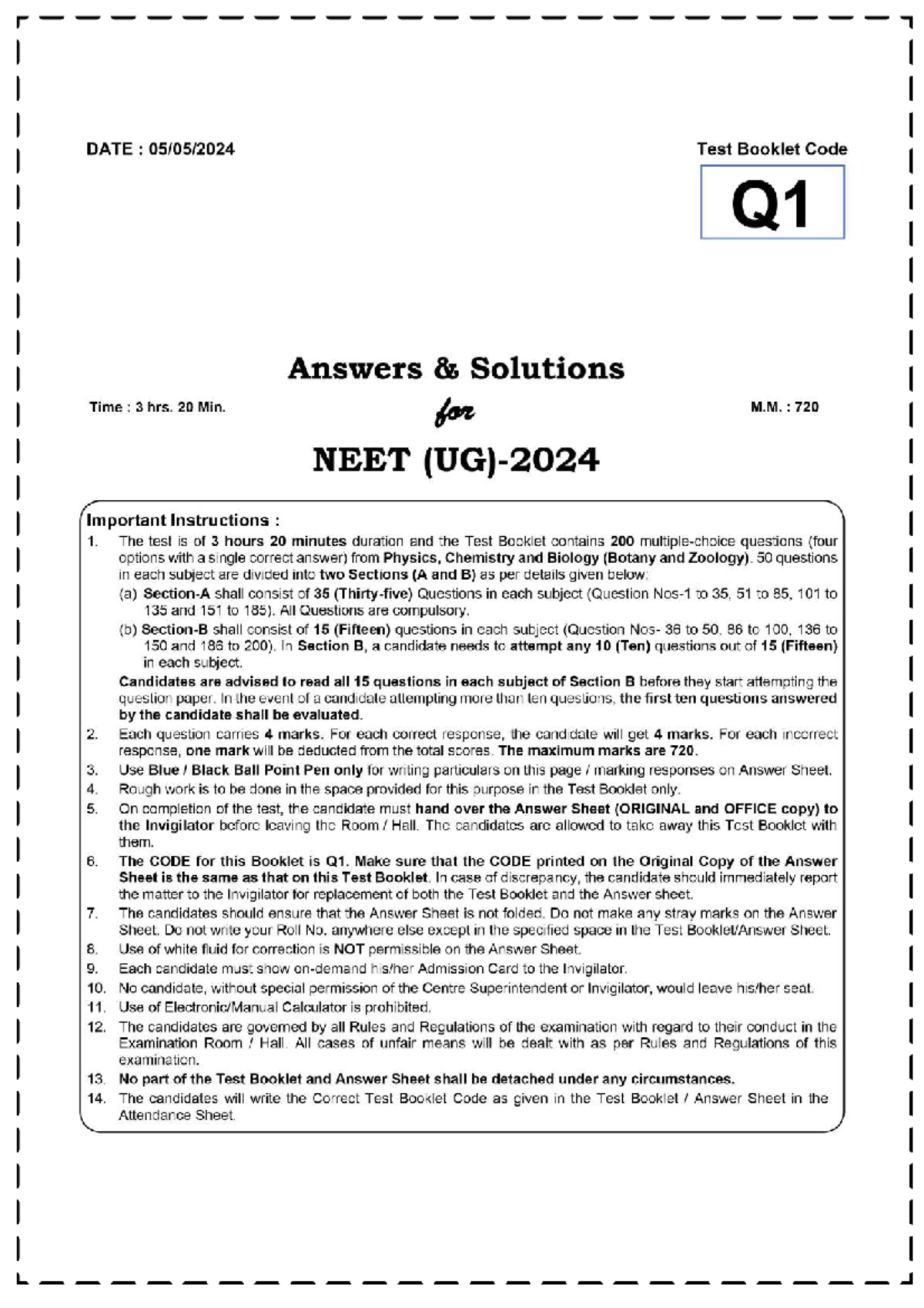 NEET Q1 Test Booklet: Important Instructions & Answer Solutions - Studocu