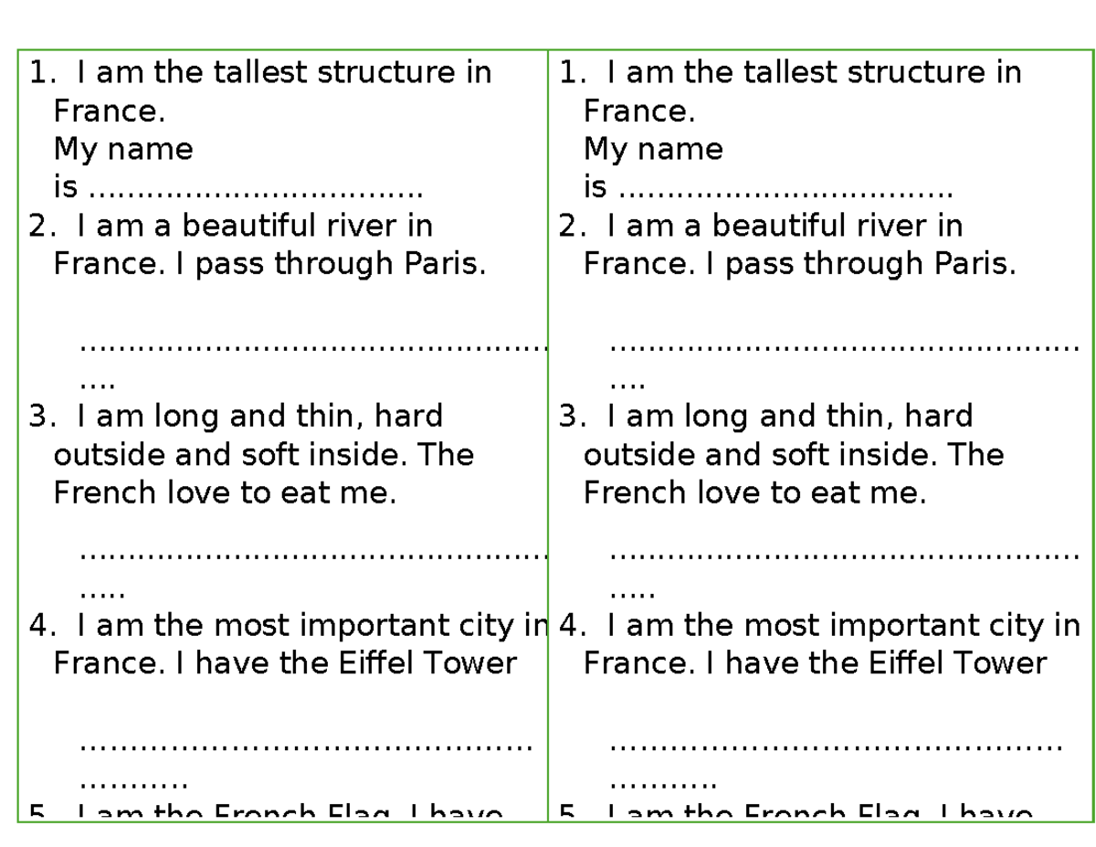 Grade 1 Worksheet 3: Fun Facts About France - Studocu
